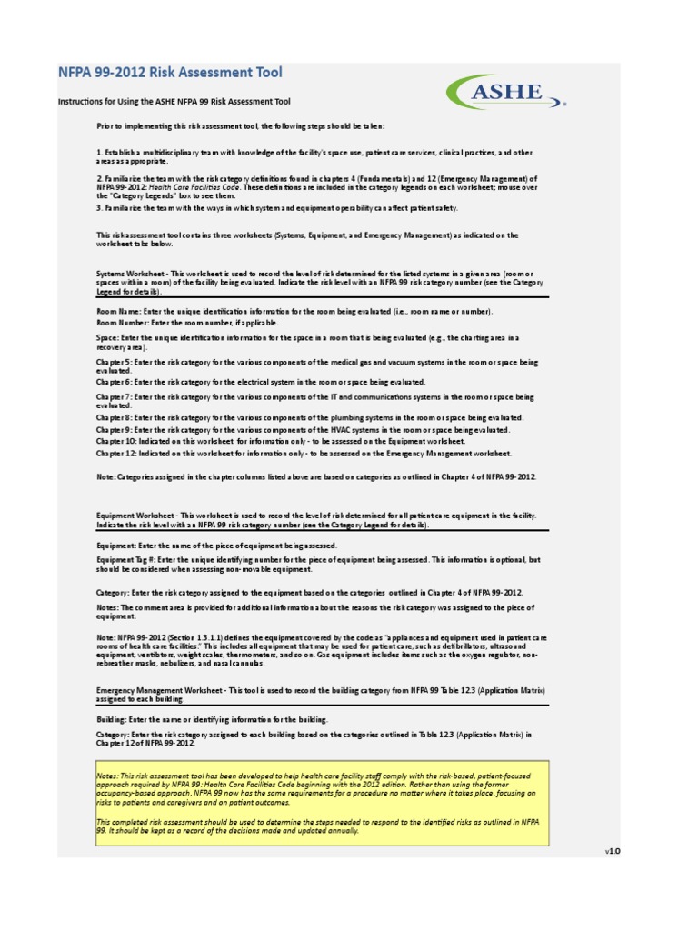 2016 Copy of ASHE Risk Assessment Tool For NFPA 99 | PDF | Patient | Risk