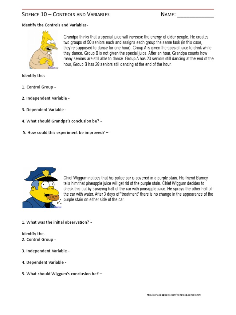 Simpsons Controls and Variables Worksheet | PDF | Experiment ...
