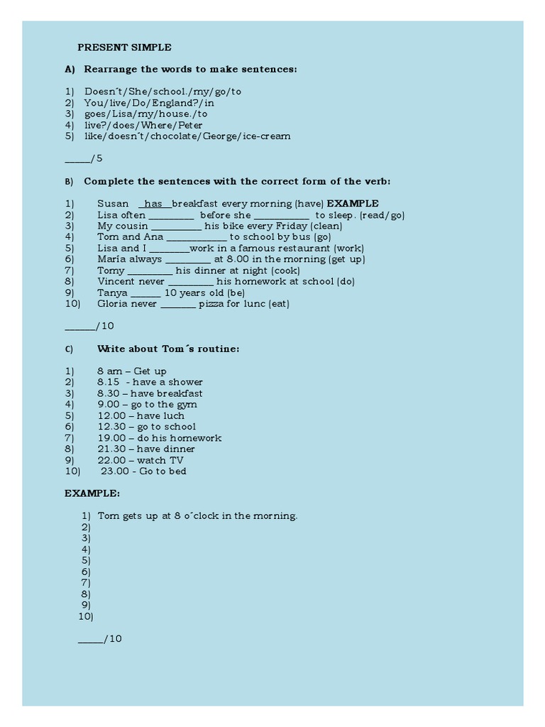 Present Simple Exercises Worksheet | PDF | Rules | Syntax
