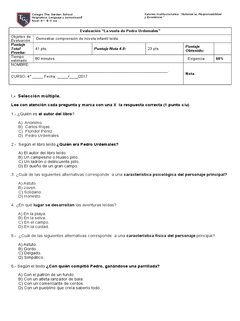 Prueba de comprensión: Pedro Urdemales | PDF | Alimentos