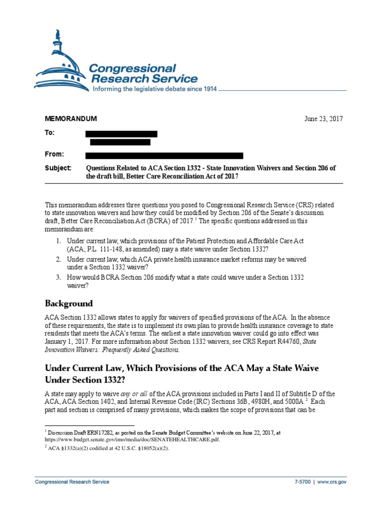 CRS Report On ACA Section 1332 Waivable Provisions | PDF | Patient ...