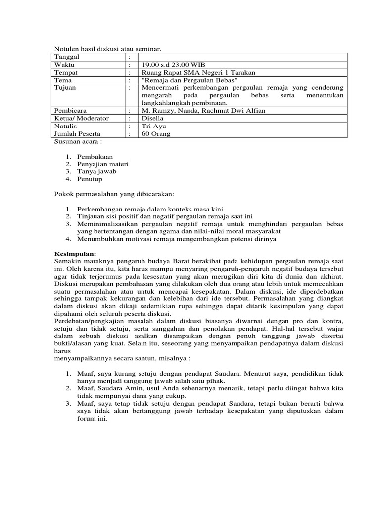 Notulen Hasil Diskusi Atau Seminar | PDF