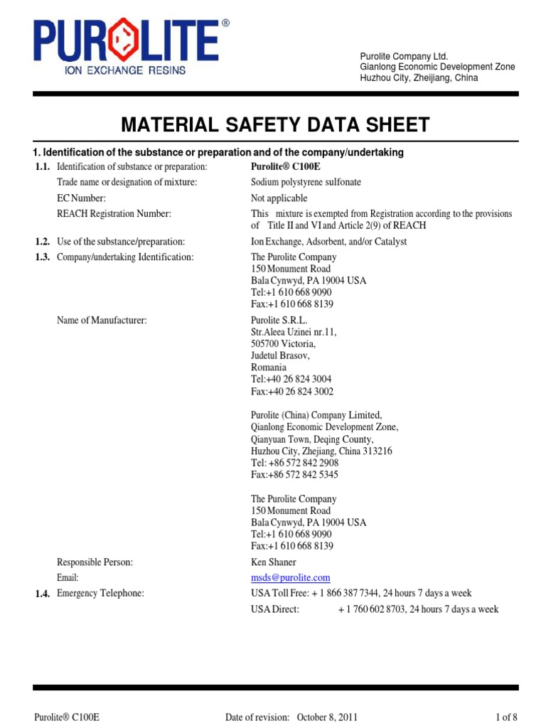 MSDS Purolite.pdf | Personal Protective Equipment | Water