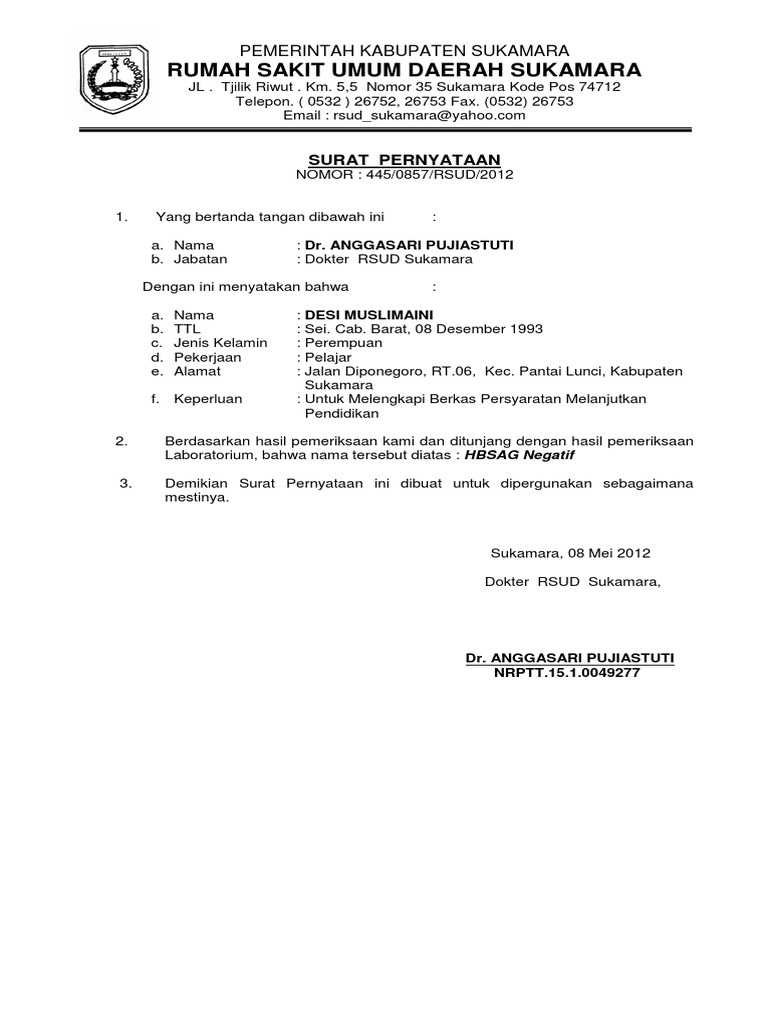 Surat Keterangan Hasil Laborat 2012 | PDF