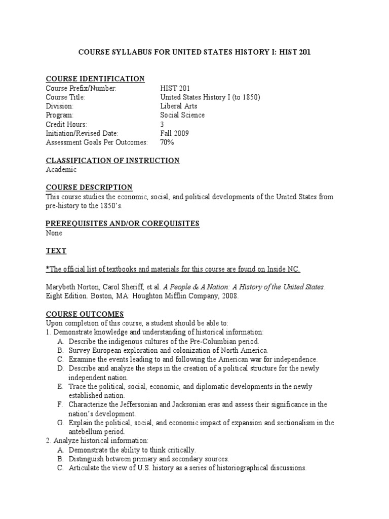 Course Syllabus For United States History I: Hist 201 | PDF | Multiple ...