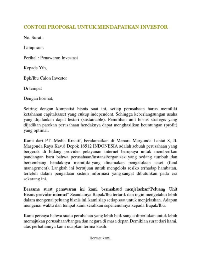 Contoh Proposal Untuk Mendapatkan Investor | PDF