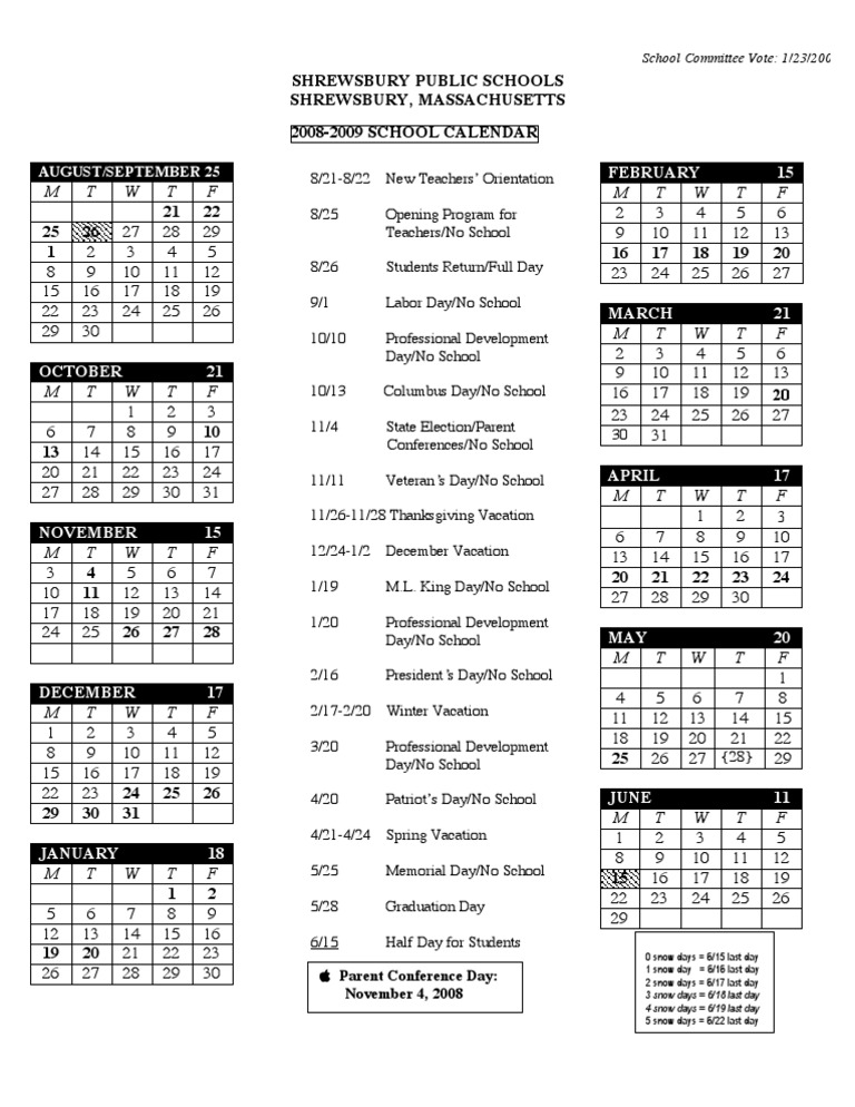 Shrewsbury Public Schools 2008-09 Calendar | PDF | Observances | Public ...
