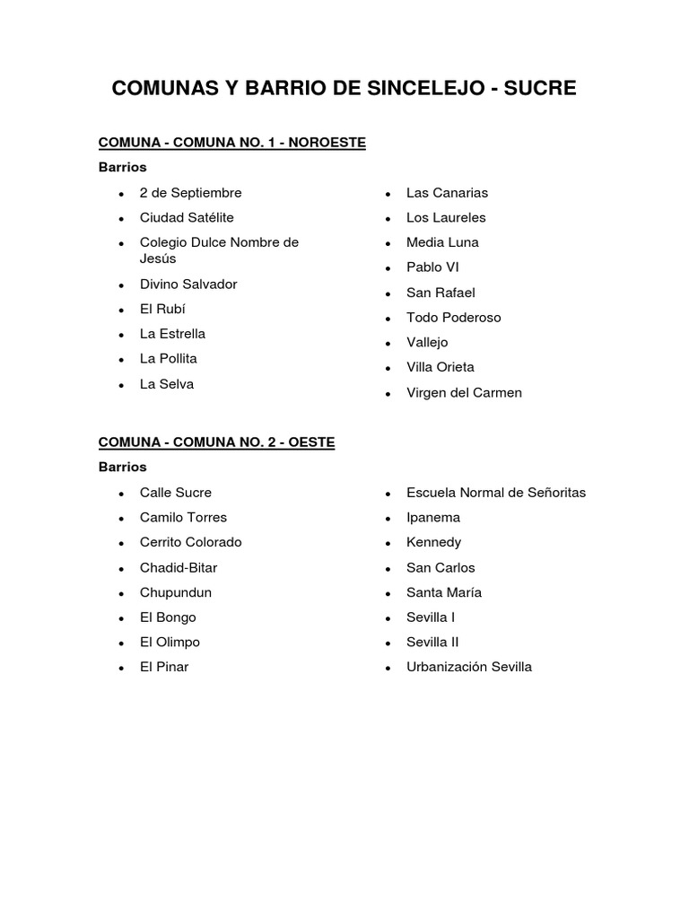 Comunas y Barrio de Sincelejo | PDF