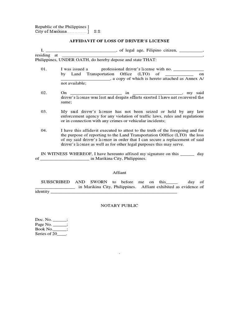Affidavit of Loss of Driver's License New TEMPLATE | PDF