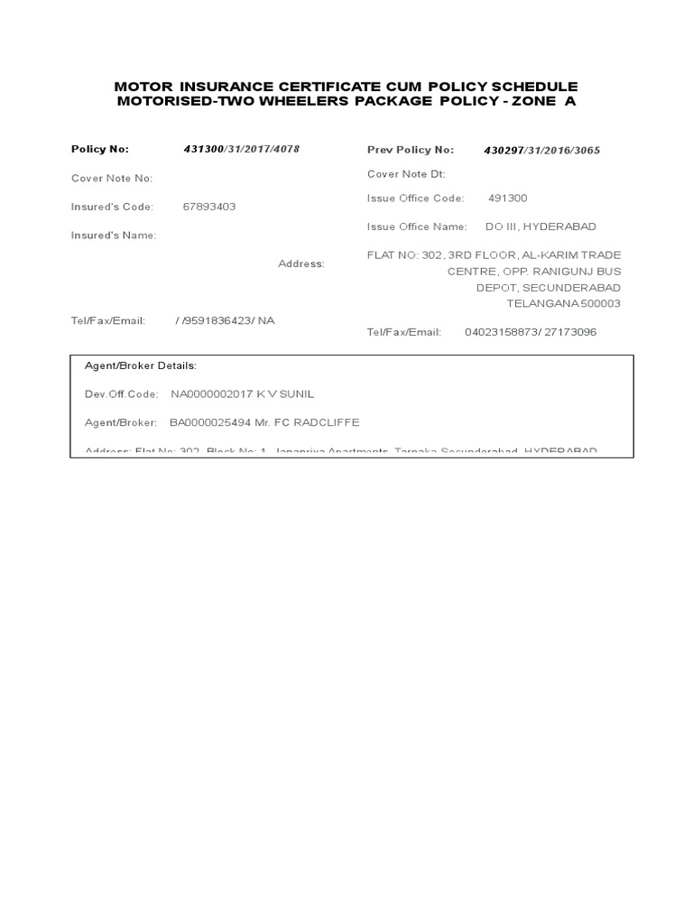Motor Insurance Certificate Cum Policy Schedule Motorised-Two Wheelers ...