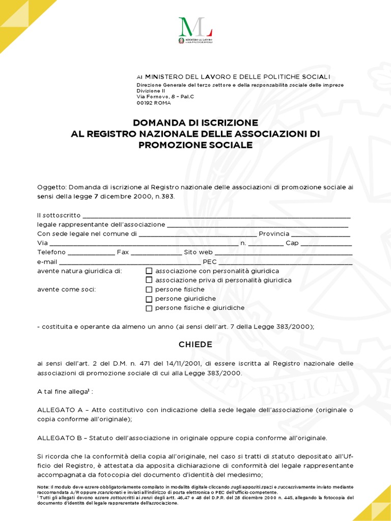 Modello Domanda Iscrizione Registro Nazionale PDF | PDF