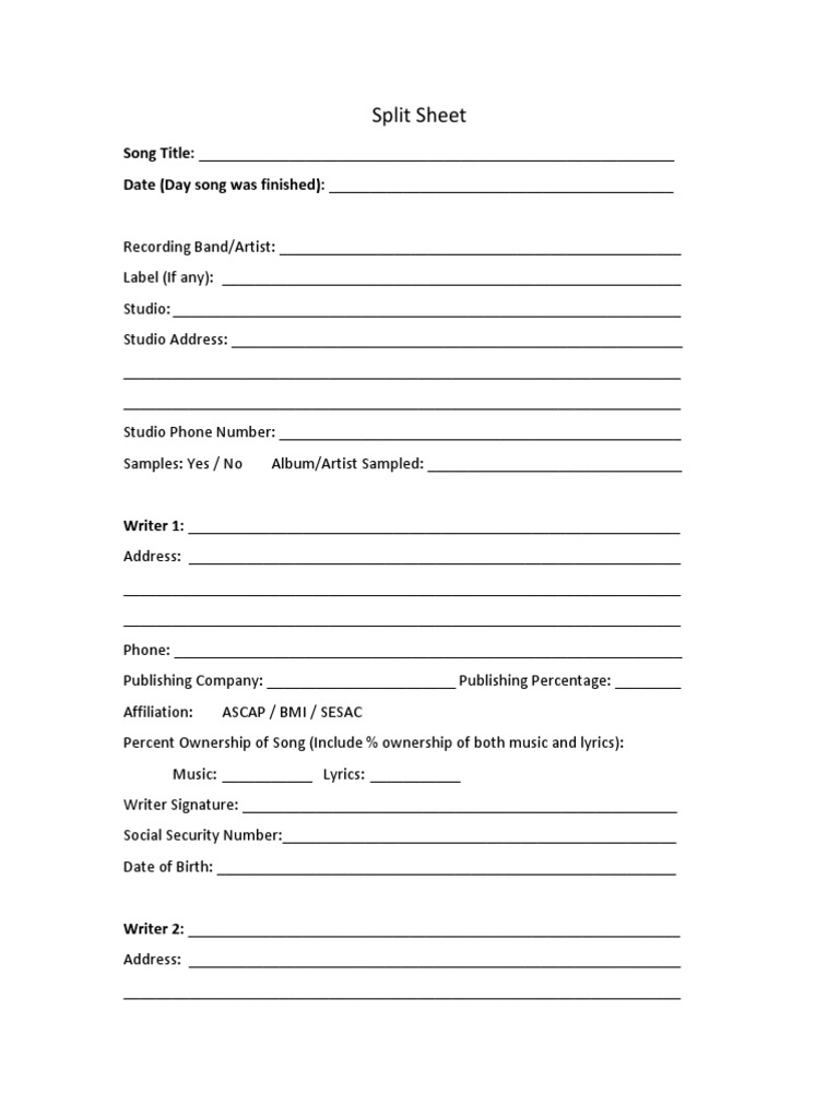 Songwriting Split Sheet New Artist Model | PDF | Music Media | Sound ...