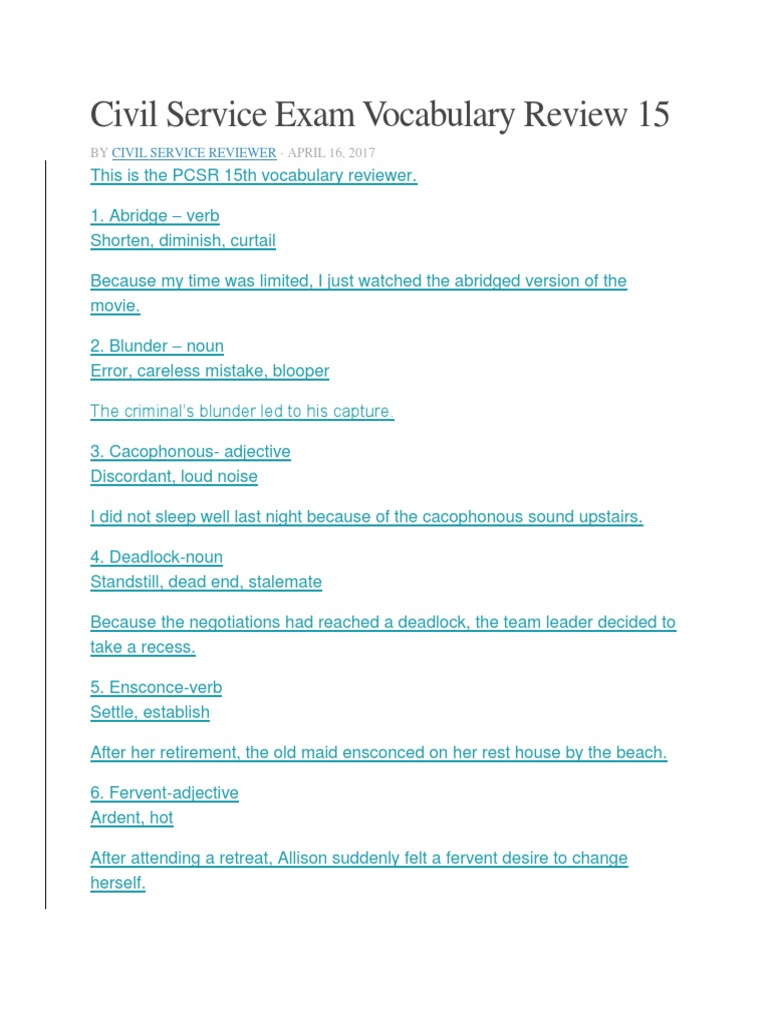 Civil Service Exam Vocabulary Review 15 | PDF