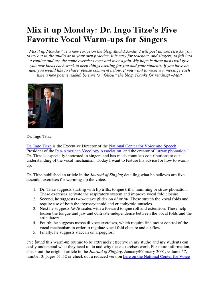 Dr. Ingo Titze's Five Favorite Vocal Warm-Ups For Singers | PDF ...