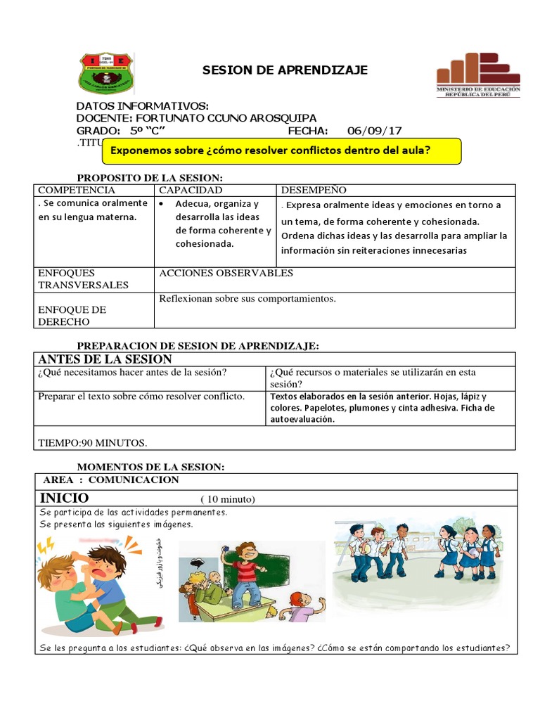 Sesion de Aprendizaje Conflicto | Salón de clases | Ensayos