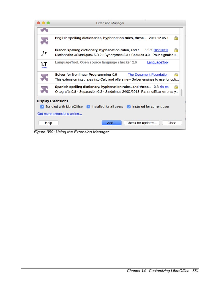 Figure 359: Using The Extension Manager: Chapter 14 Customizing Libreoffice - 381 | PDF | Free ...