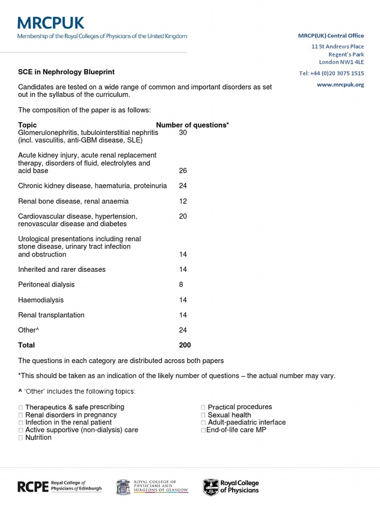 Specialty Certificate Examination in Nephrology Blueprint | PDF