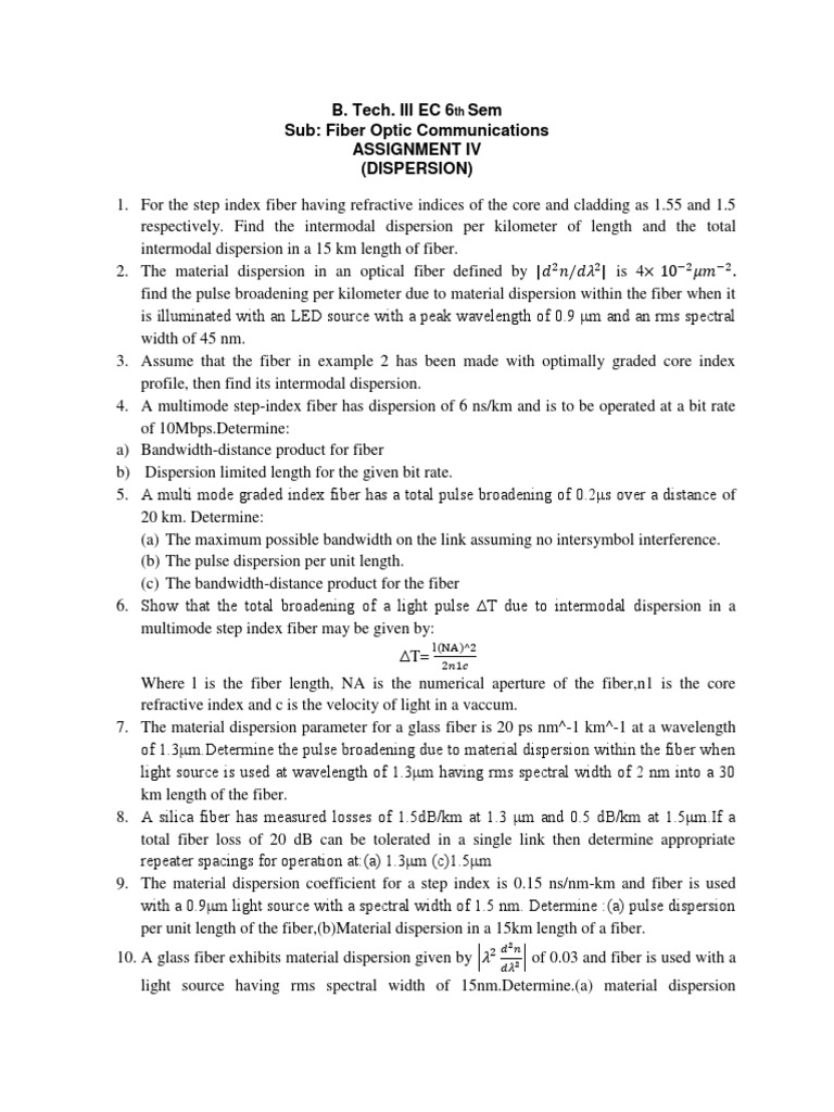 Assignment Iv PDF | PDF | Dispersion (Optics) | Optical Fiber