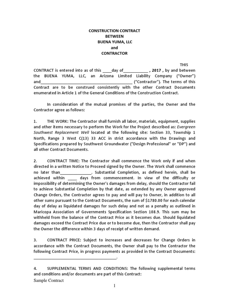 Sample Construction Contract | PDF | General Contractor | Dangerous Goods