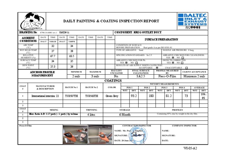 Daily Painting & Inspection Report (WI-05-A2)170&Pipe 1 | Mechanical ...
