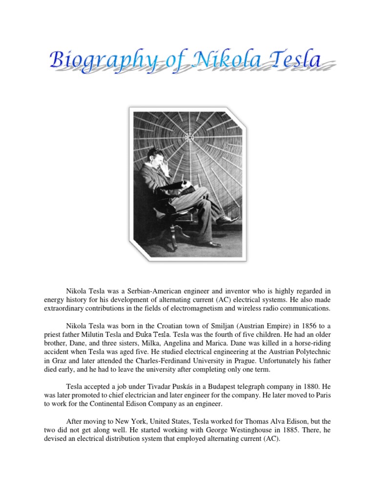 Biography Nikola Tesla | PDF | Nikola Tesla | Electricity