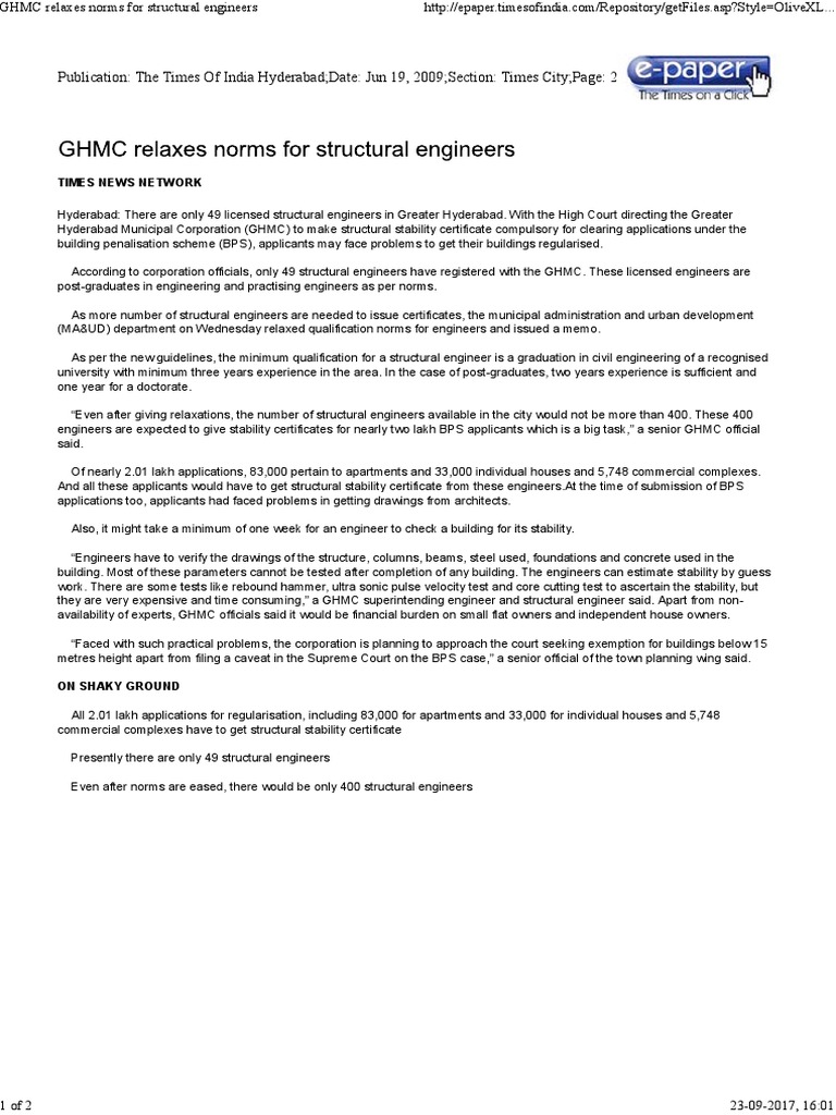 GHMC Relaxes Norms For Structural Engineers | Download Free PDF | Government | Business