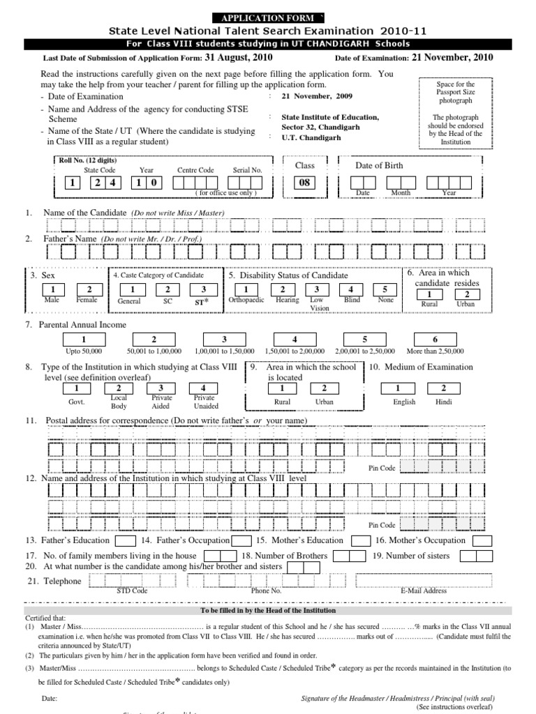 NTSE 2011 Chandigarh STSE Form | PDF | University And College Admission ...