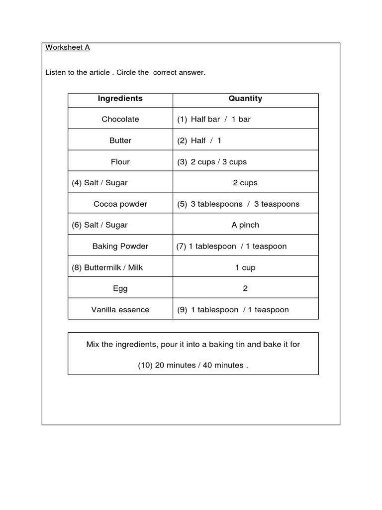 Ingredients Quantity: Worksheet A | PDF