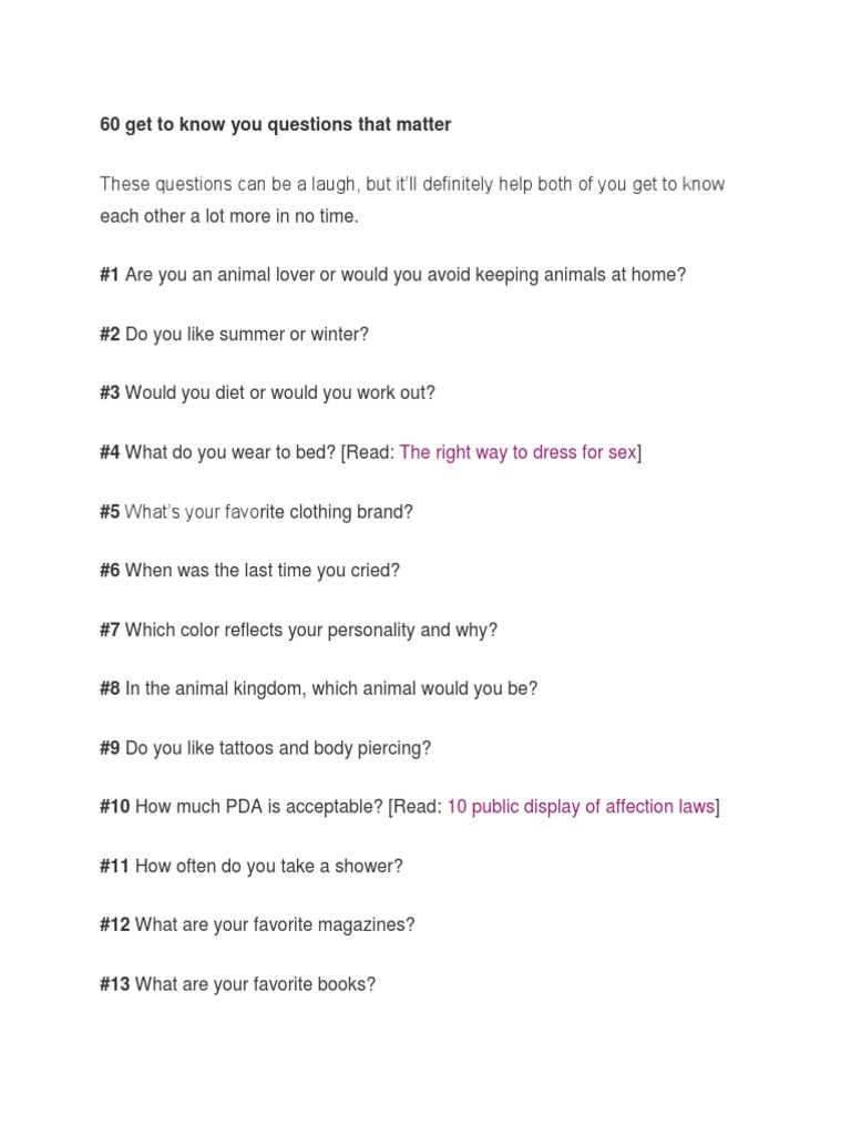 60 Get To Know You Questions | PDF | Social Science | Self-Improvement