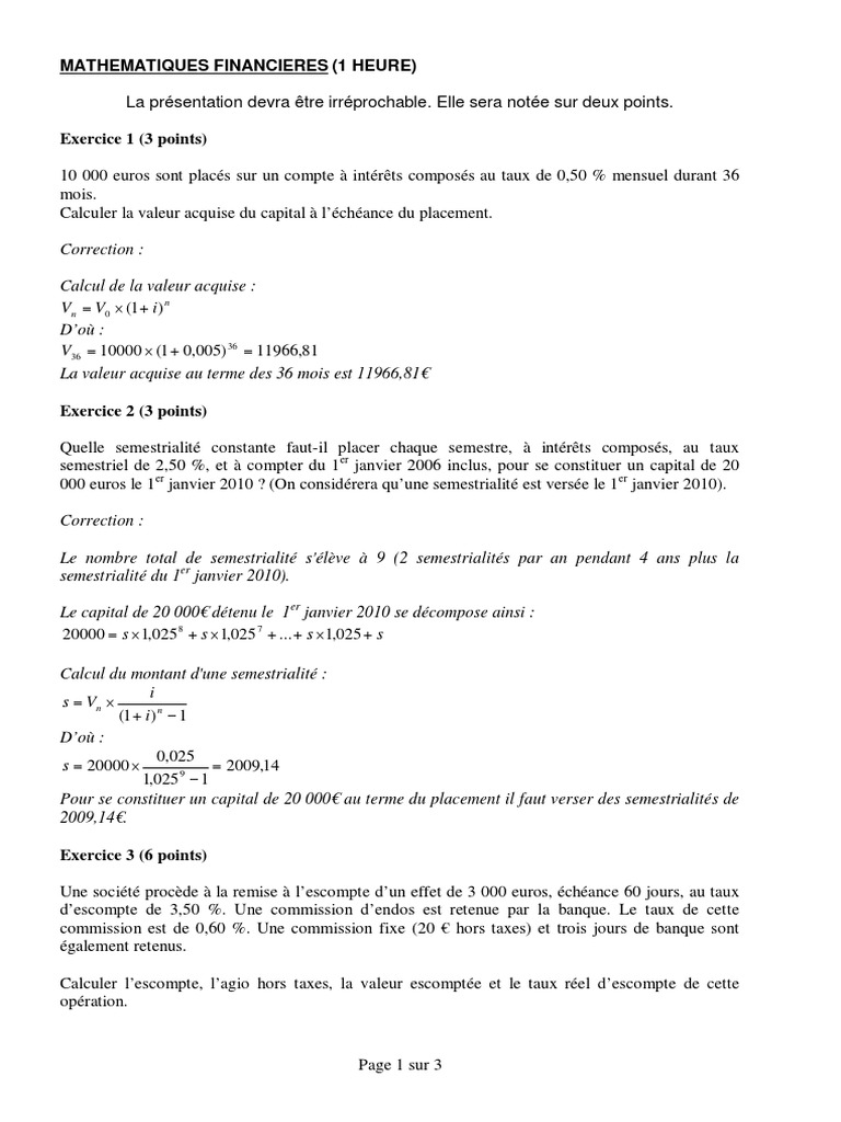 Exercice Corrigé Mathématique Financière | PDF | Prêts | Services ...