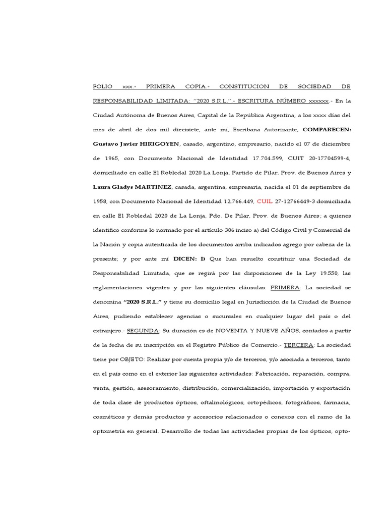 Contrato Constitutivo SRL | PDF | Sociedad de responsabilidad limitada | Instituciones sociales