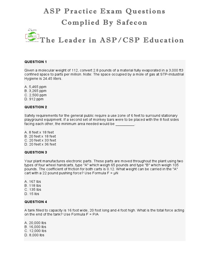 ASP Practice Exam Questions Guide | PDF | Pounds Per Square Inch ...