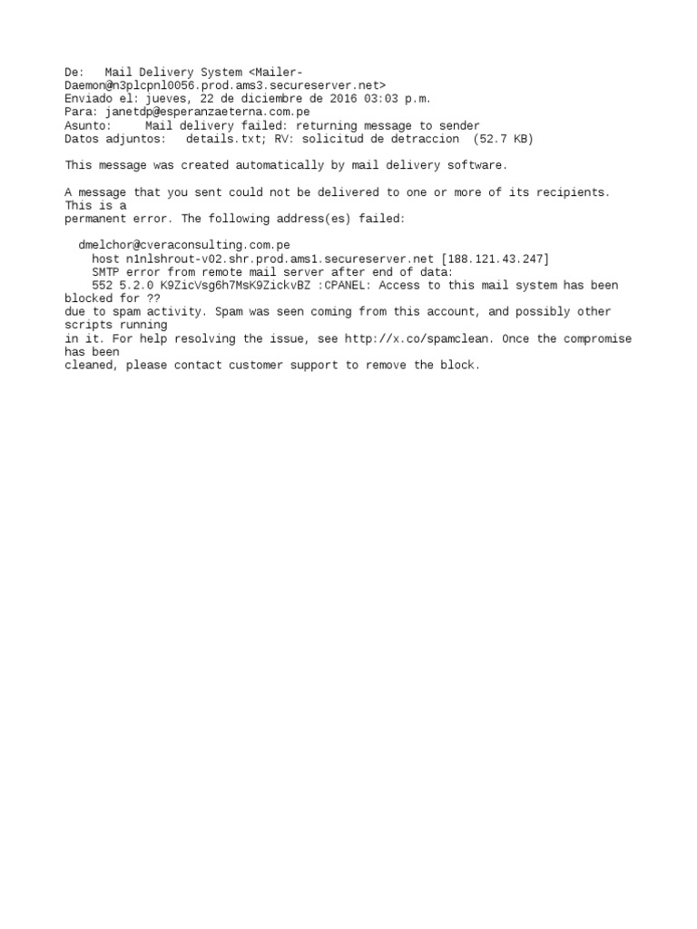 Mail Delivery Failed Returning Message To Sender Pdf Email Spam Spamming