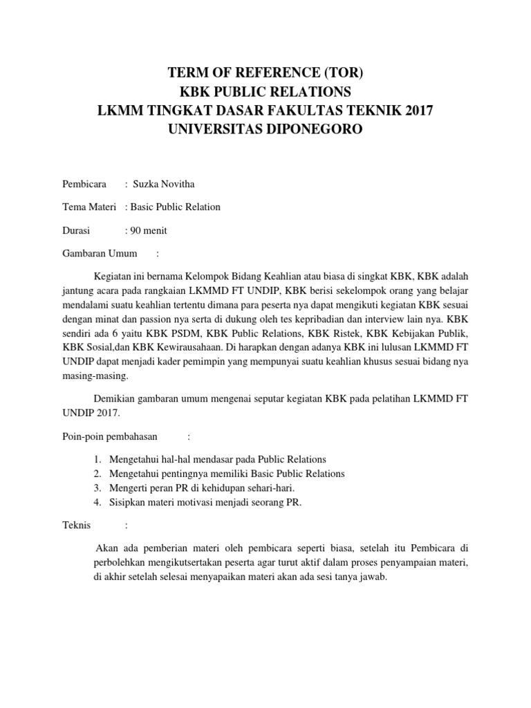 Term of Reference (Tor) KBK Public Relations LKMM Tingkat Dasar Fakultas Teknik 2017 Universitas ...