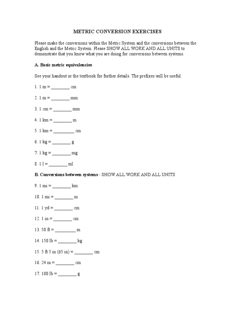 Metric Conversion Exercises: A. Basic Metric Equivalencies | PDF