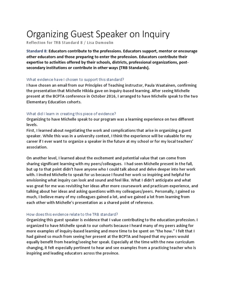 TRB Standard 8 Reflection 1 Organizing Guest Speaker On Inquiry | PDF ...