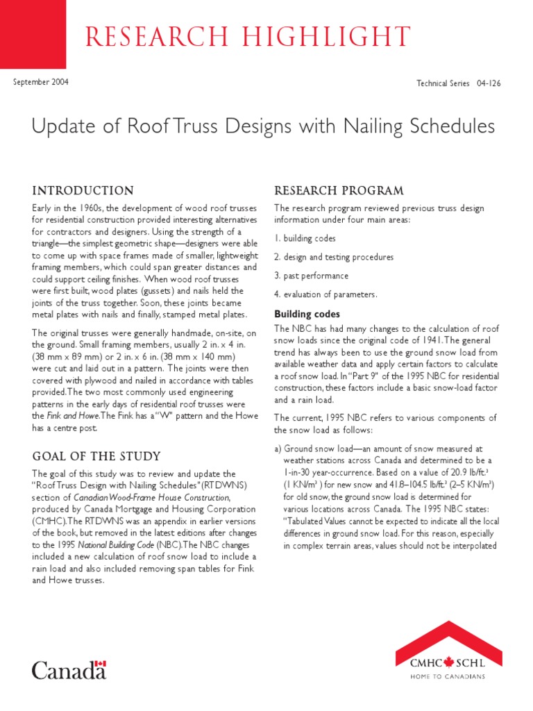 CMHC Update To Roof Truss Designs With Nailing Schedules TS 04-126 ...