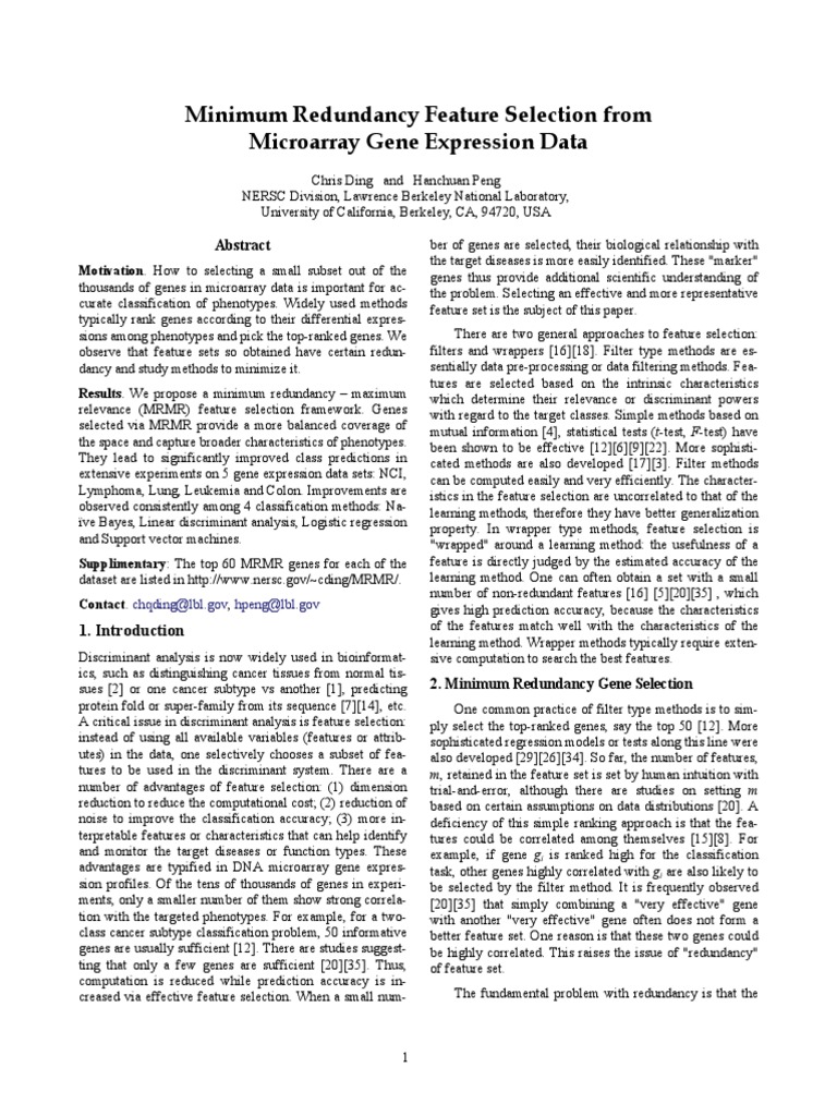 Minimum Redundancy Feature Selection From Microarray Gene Expression Data | PDF | Support Vector ...