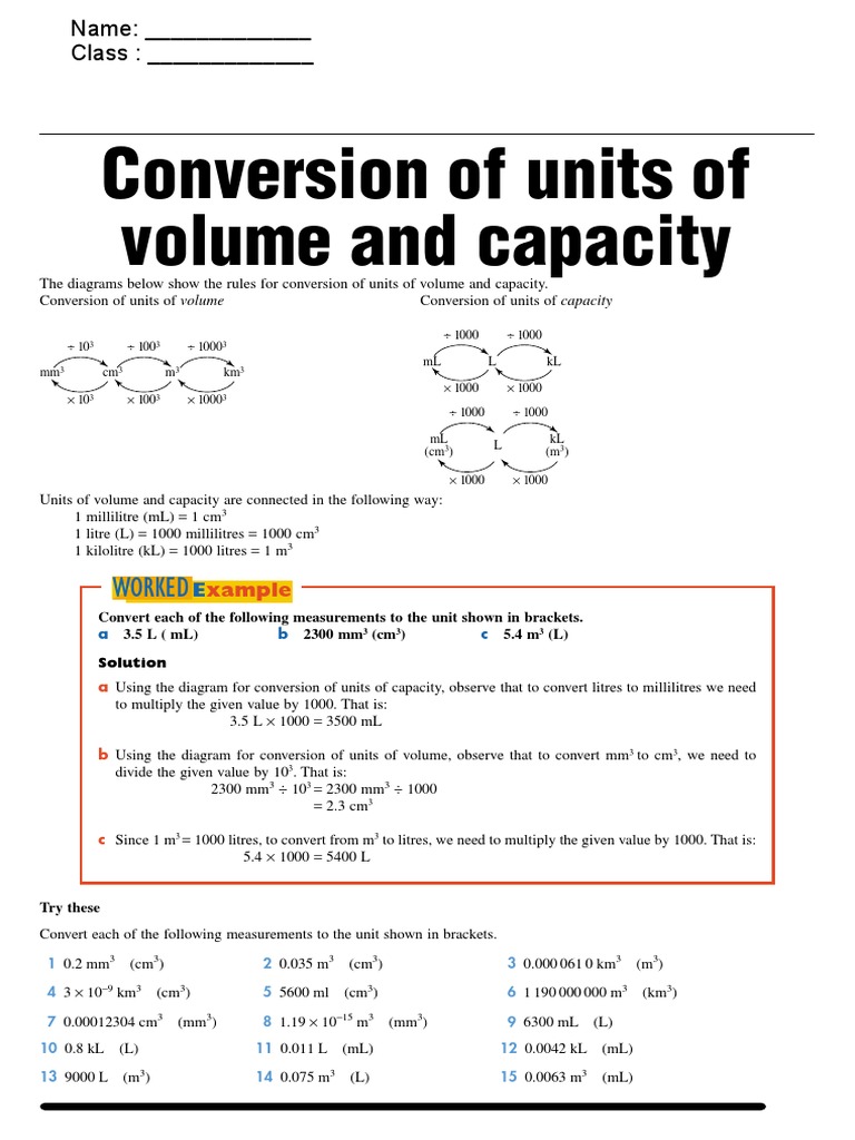 Conversion of Units of Volume and Capacity: Worked | Download Free PDF ...