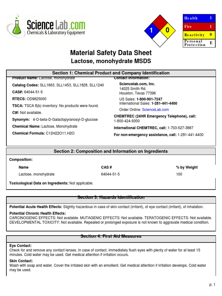 MSDS Laktosa | PDF | Toxicity | Personal Protective Equipment