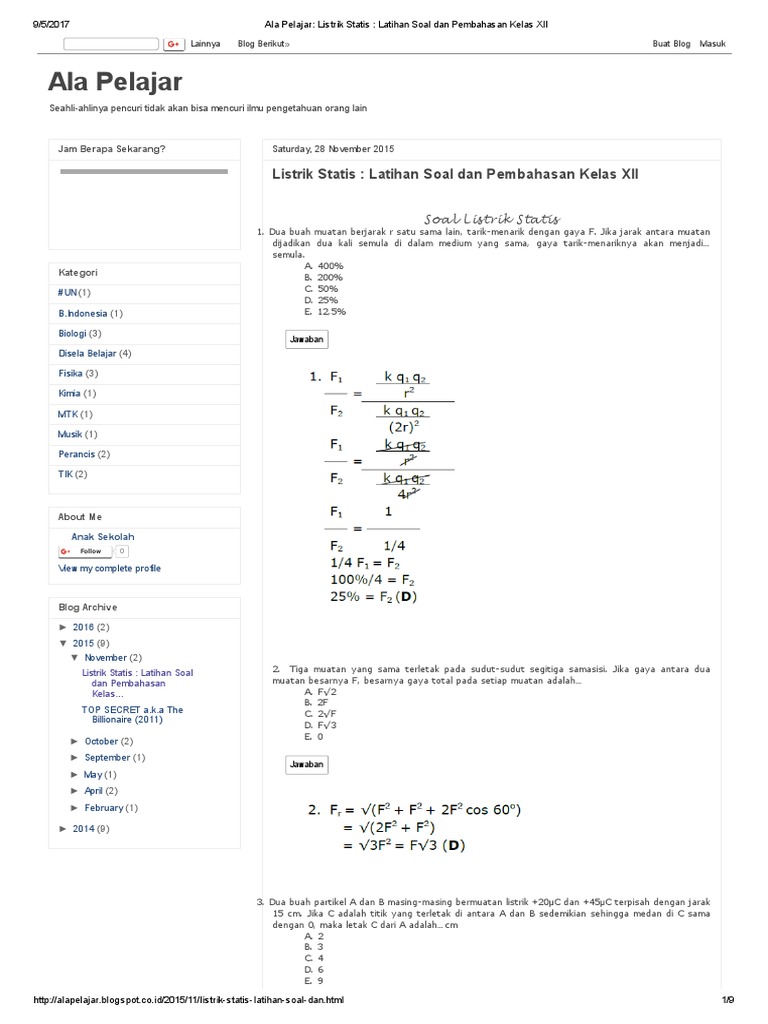 Ala Pelajar - Listrik Statis - Latihan Soal Dan Pembahasan Kelas XII | PDF