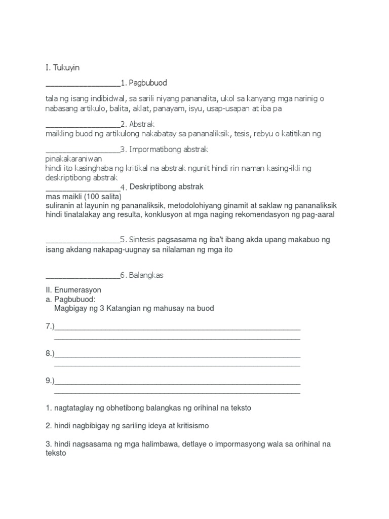 Quiz Pagbubuod Abstrak Balangkas Sintesis | PDF
