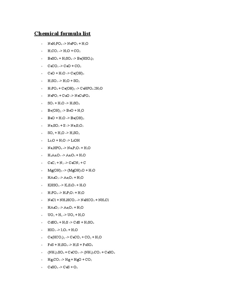 Chemical Formula List: 40 Common Chemical Reactions | PDF | Chemical ...