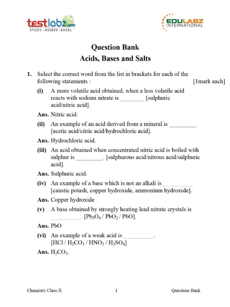 Acids Bases Salts Question Bank | PDF