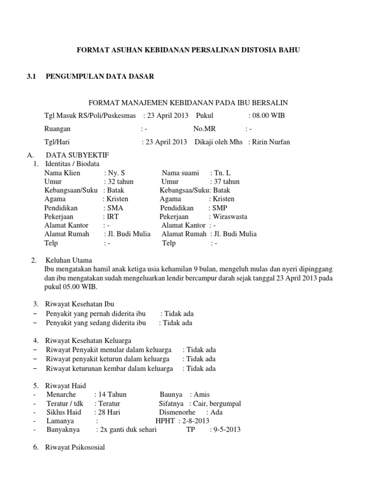 Format Asuhan Kebidanan Persalinan Distosia Bahu | PDF