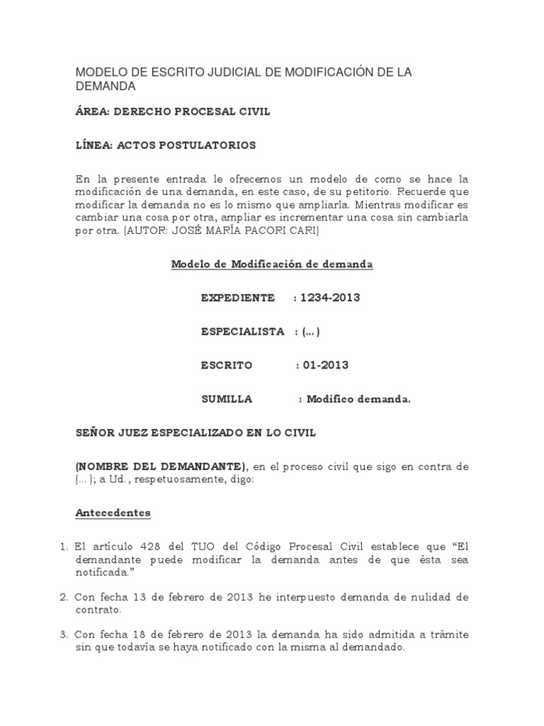 Modelo de Escrito Judicial de Modificación de La Demanda - 2 | Demanda ...