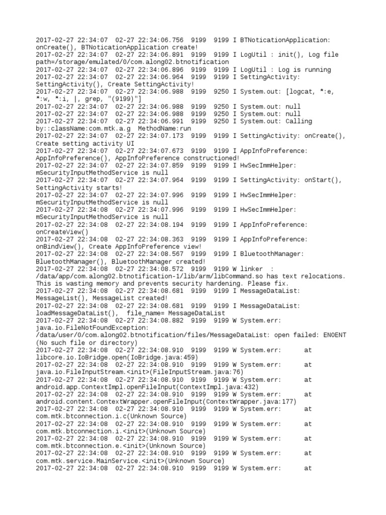 Log Entries Documenting The Creation And Initialization Of An Android