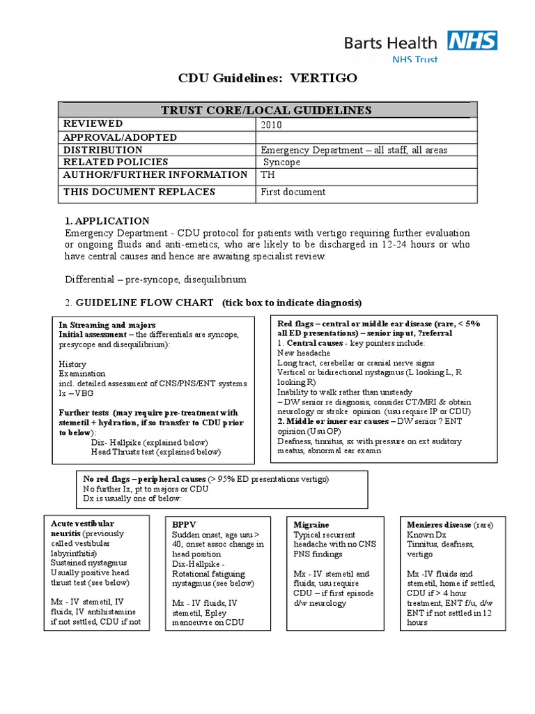 CDU Vertigo Management Guidelines | PDF | Vertigo | Neurological Disorders