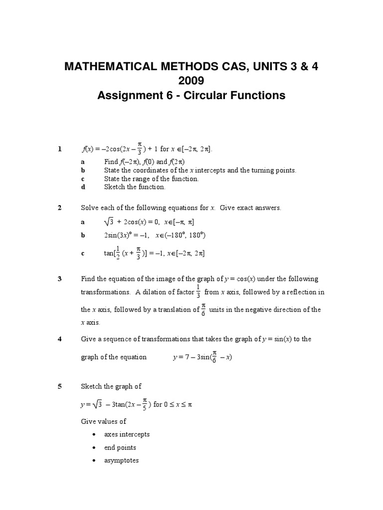 Mathematical Methods Cas, Units 3 & 4 2009 Assignment 6 - Circular Functions | PDF