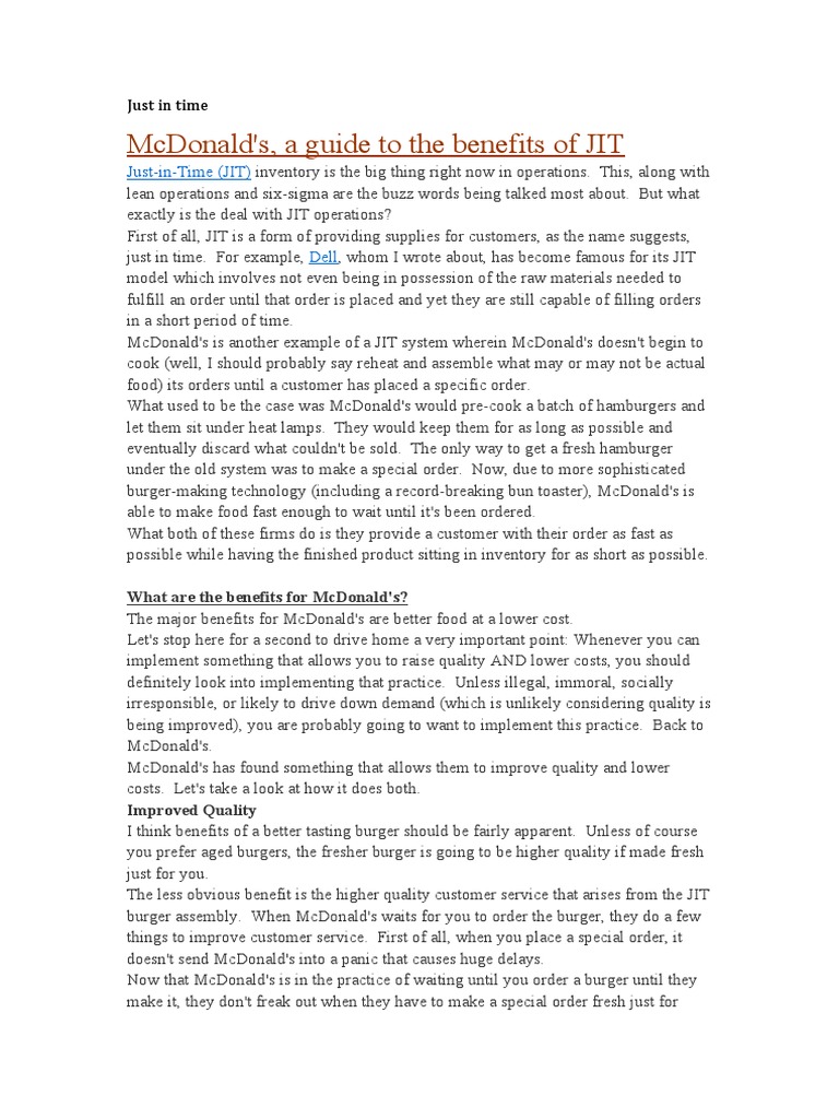 Mcdonald'S, A Guide To The Benefits of Jit: Just-In-Time (Jit) | PDF ...